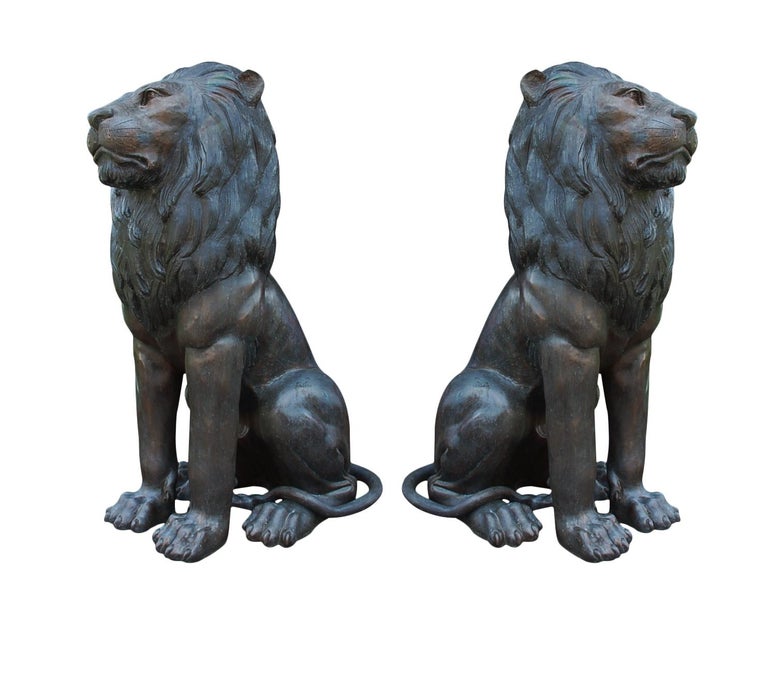 Large Matching Pair of Bronze Seated Lion Sculptures or Statues, France ...
