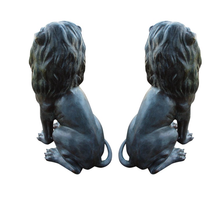 Large Matching Pair of Bronze Seated Lion Sculptures or Statues, France ...