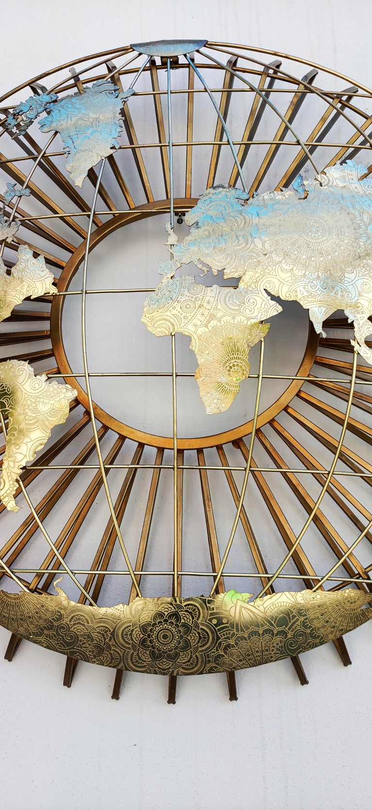 Large Metal and Brass World Globe Map Wall Sculpture, Spain 1970s For ...