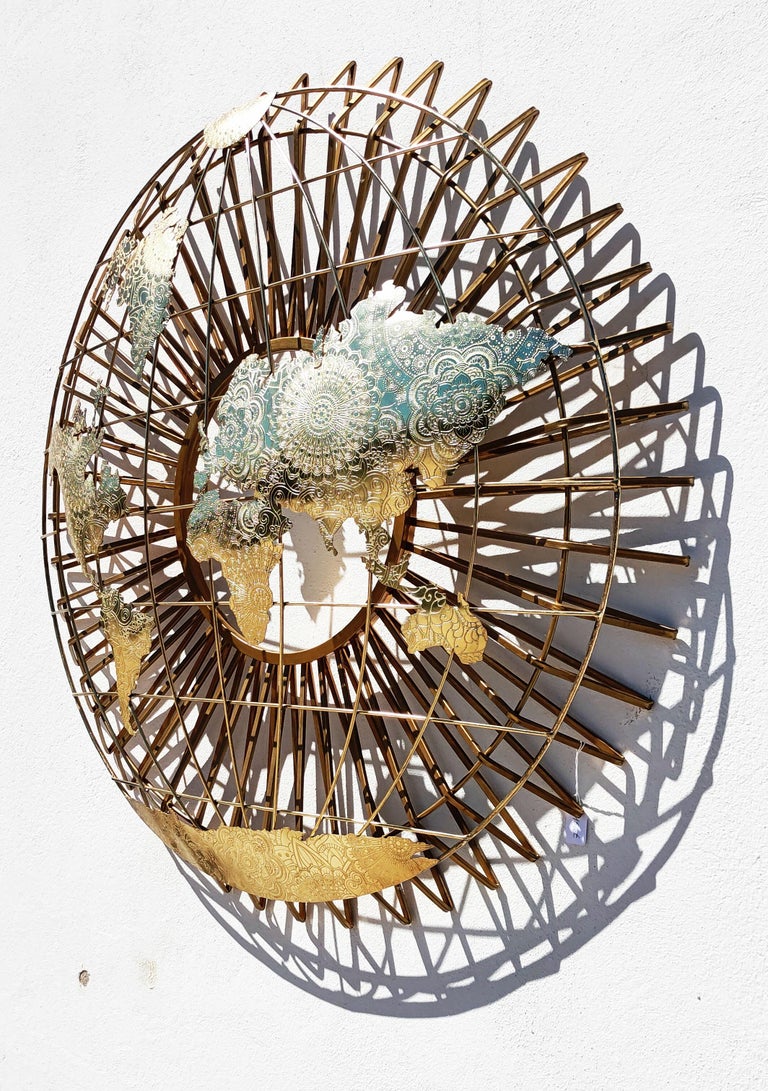 Large Metal and Brass World Globe Map Wall Sculpture, Spain 1970s For ...