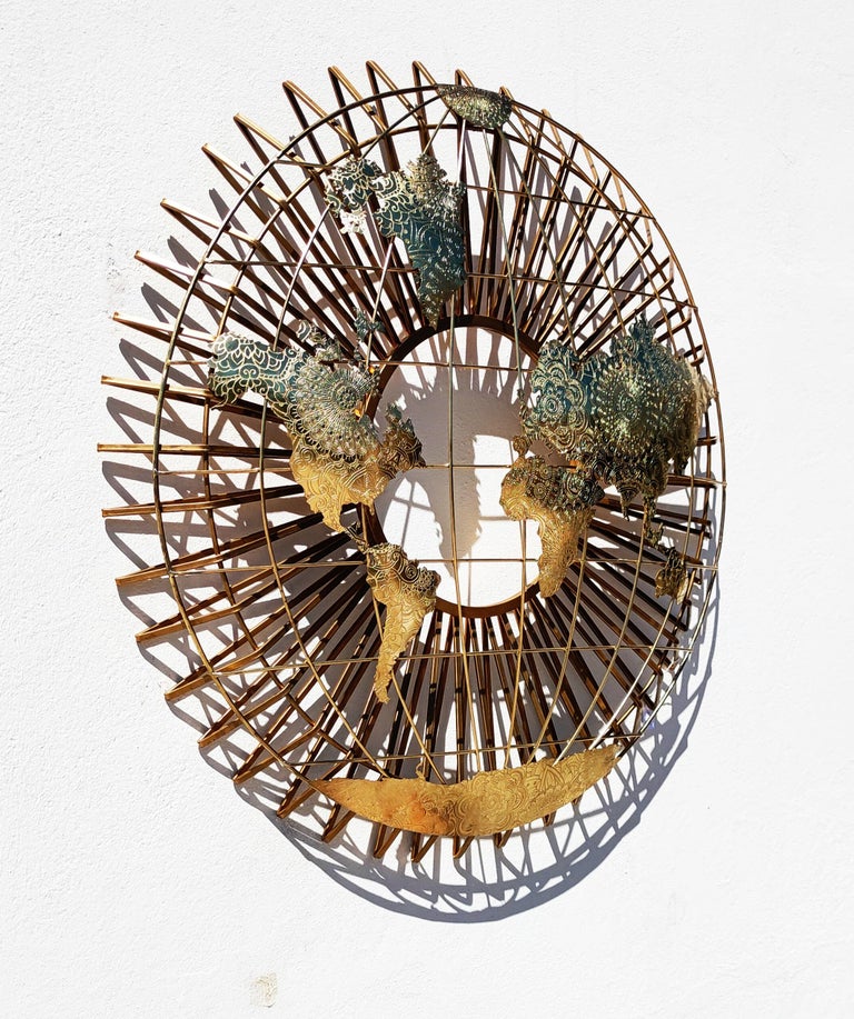 Large Metal and Brass World Globe Map Wall Sculpture, Spain 1970s For ...