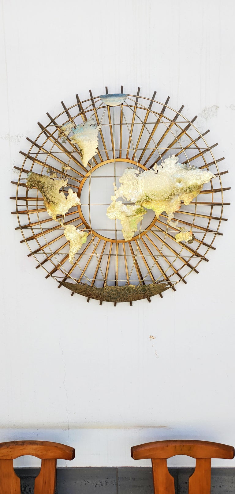 Large Metal and Brass World Globe Map Wall Sculpture, Spain 1970s For ...