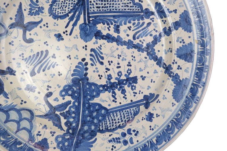 Large Mexican Blue and White Pottery Wall Plate For Sale at 1stDibs