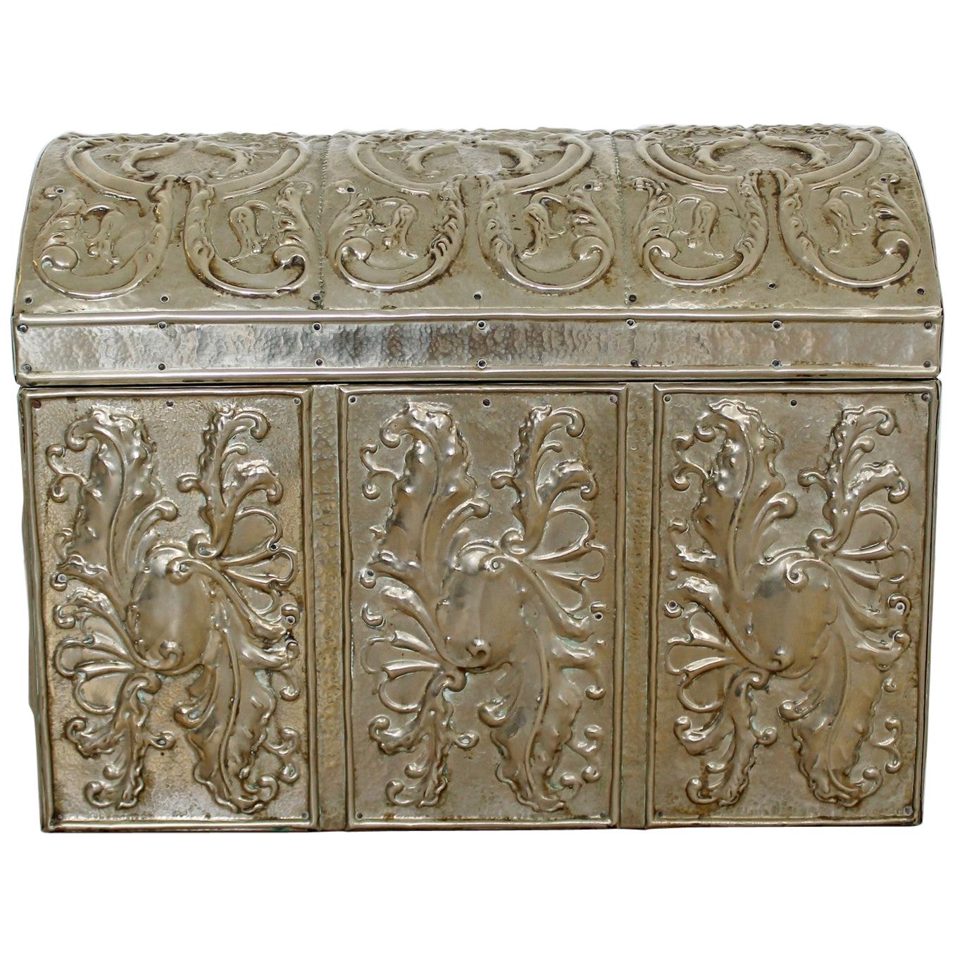 Large Mexican Silver Repousse Box Trunk Red Velvet Lined at 1stDibs