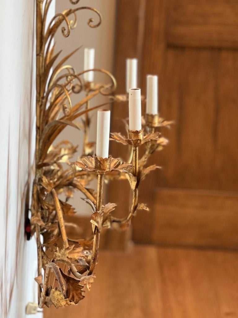 Large Mid 20th C. Italian Gilt Metal Five Arm Floral Tole Wall Light ...