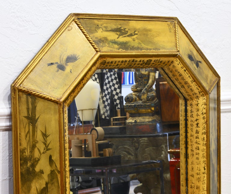 Large Mid Century Chinese Octagonal Gilt and Decoupage Wall Mirror with ...