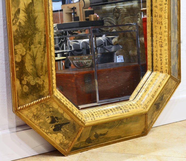 Large Mid Century Chinese Octagonal Gilt and Decoupage Wall Mirror with ...