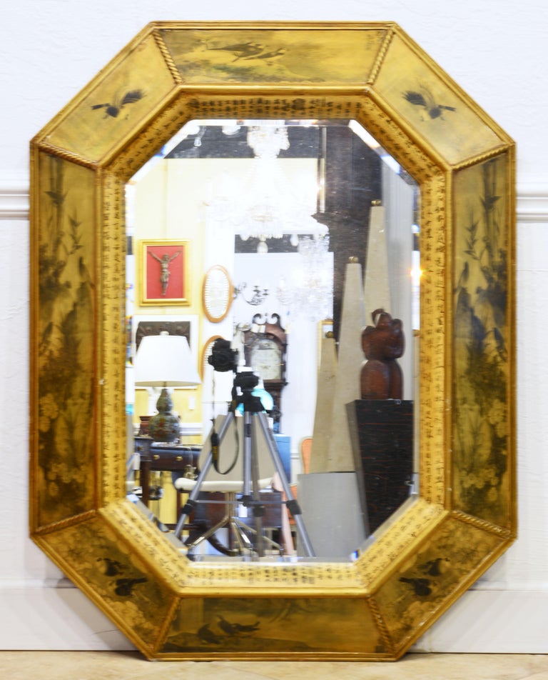 Large Mid Century Chinese Octagonal Gilt and Decoupage Wall Mirror with ...