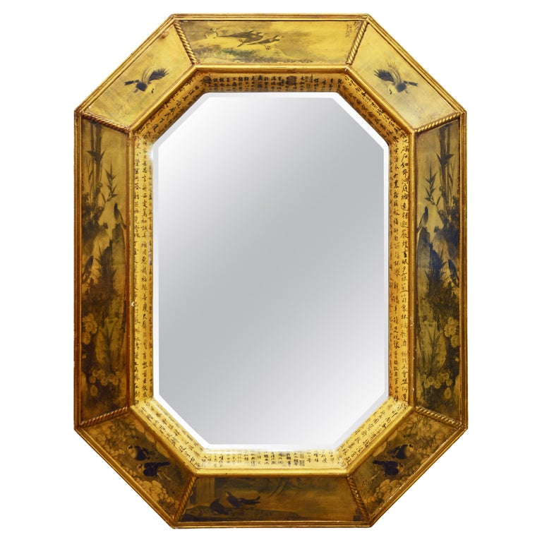 Large Mid Century Chinese Octagonal Gilt and Decoupage Wall Mirror with ...
