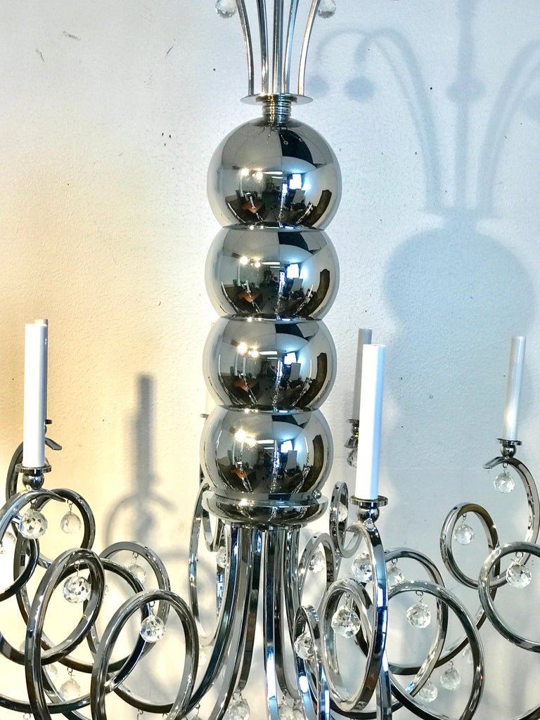 Large Midcentury Chrome and Crystal Eight Light Chandelier For Sale at ...