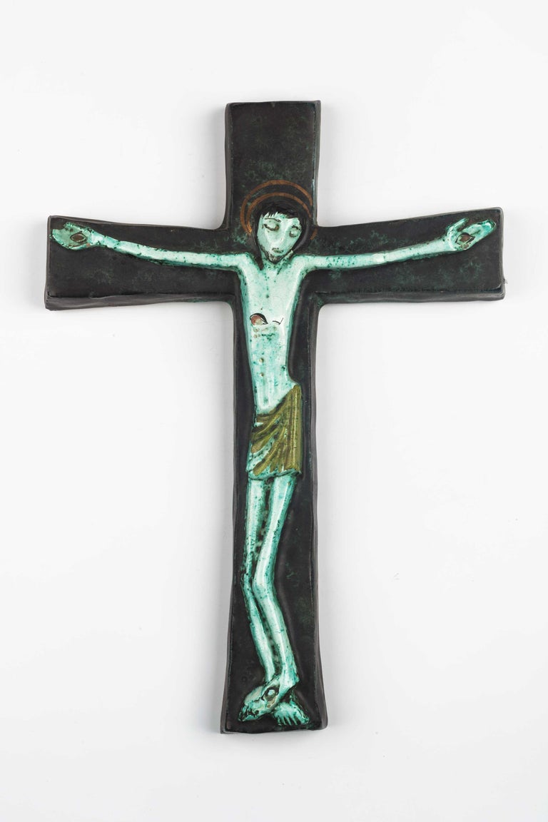 Large Mid-Century Crucifix, Green, Blue, Ceramic, 1960s at 1stDibs