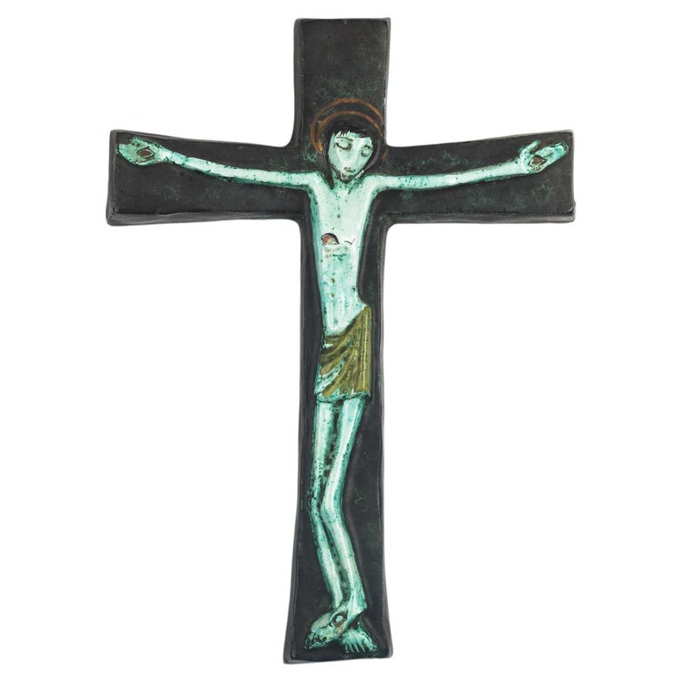 Large Mid-Century Crucifix, Green, Blue, Ceramic, 1960s at 1stDibs
