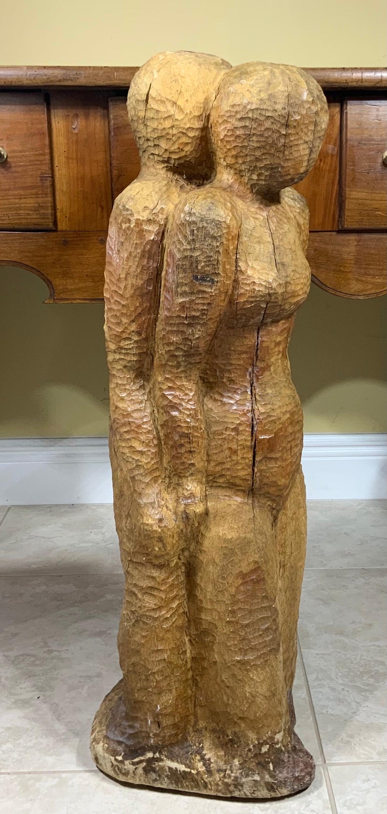 Large Mid Century Hand Carved Cubist Wood Sculpture For Sale at 1stDibs