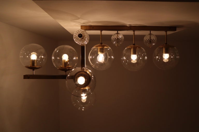 Large Midcentury Hotel Light Fixture in Brass and Hand Blown Glass ...
