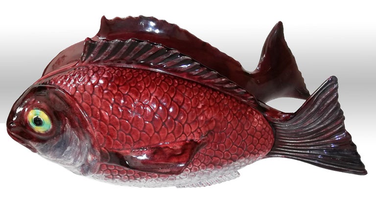 Large Midcentury Majolica Red Fish Pottery Ceramic Tureen Box, Portugal ...