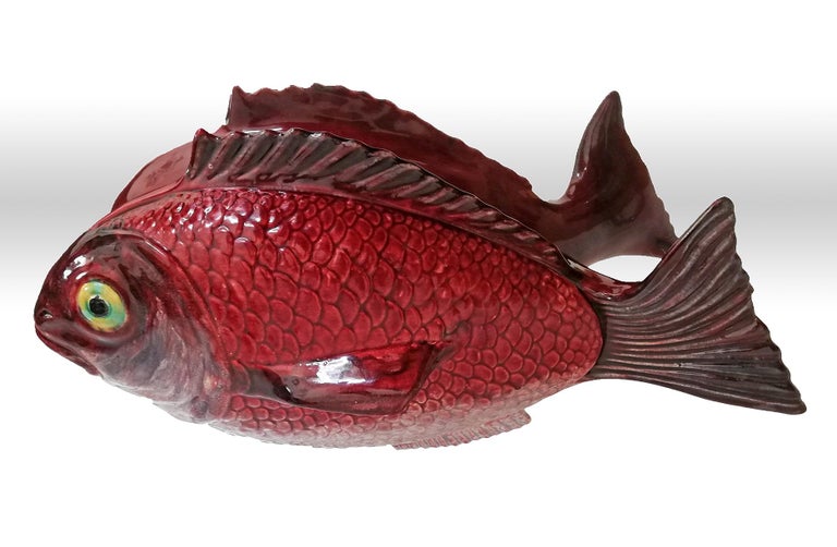 Large Midcentury Majolica Red Fish Pottery Ceramic Tureen Box, Portugal ...