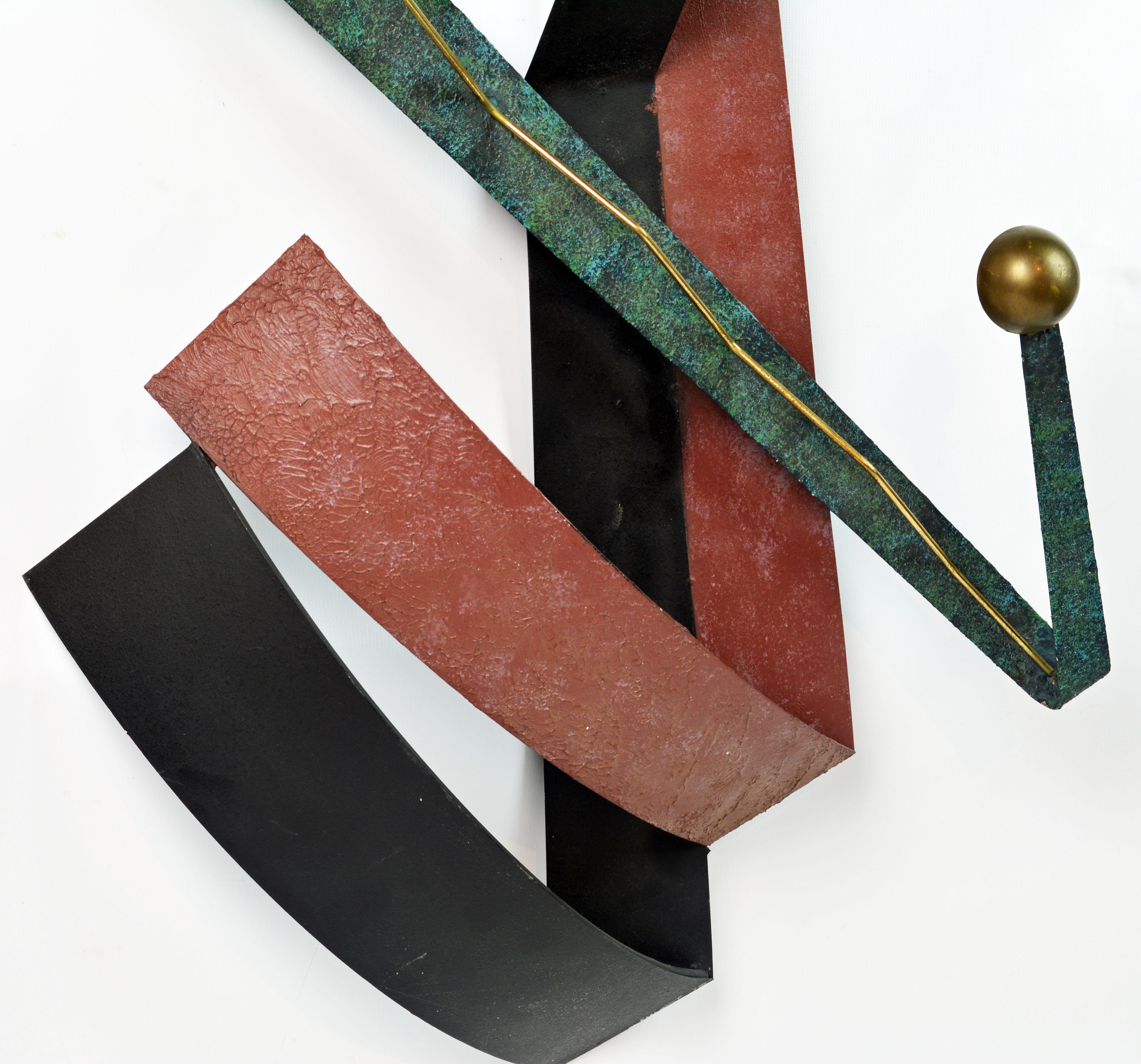 Big Modern Painted Steel and Brass Abstract Wall Sculpture signed by ...