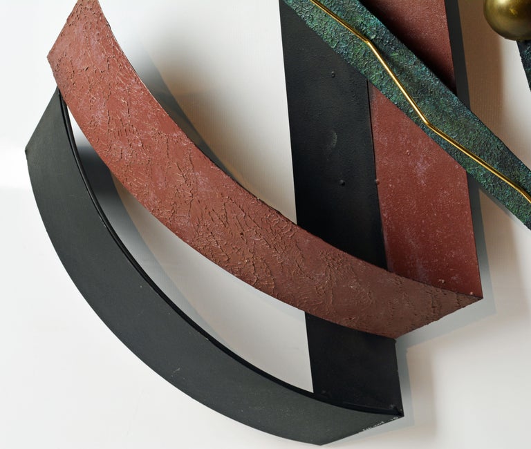 Big Modern Painted Steel and Brass Abstract Wall Sculpture signed by ...