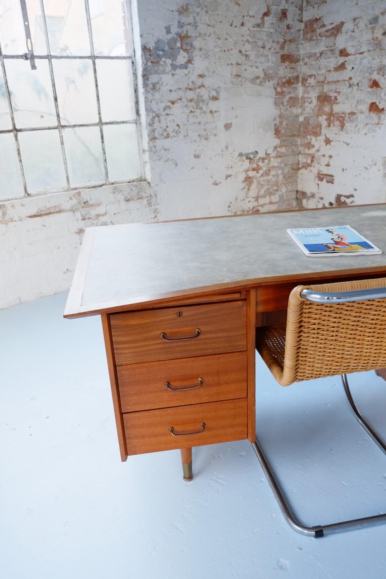 Large Mid Century Modern Desk with Curved Front and Brass Handles 50's ...