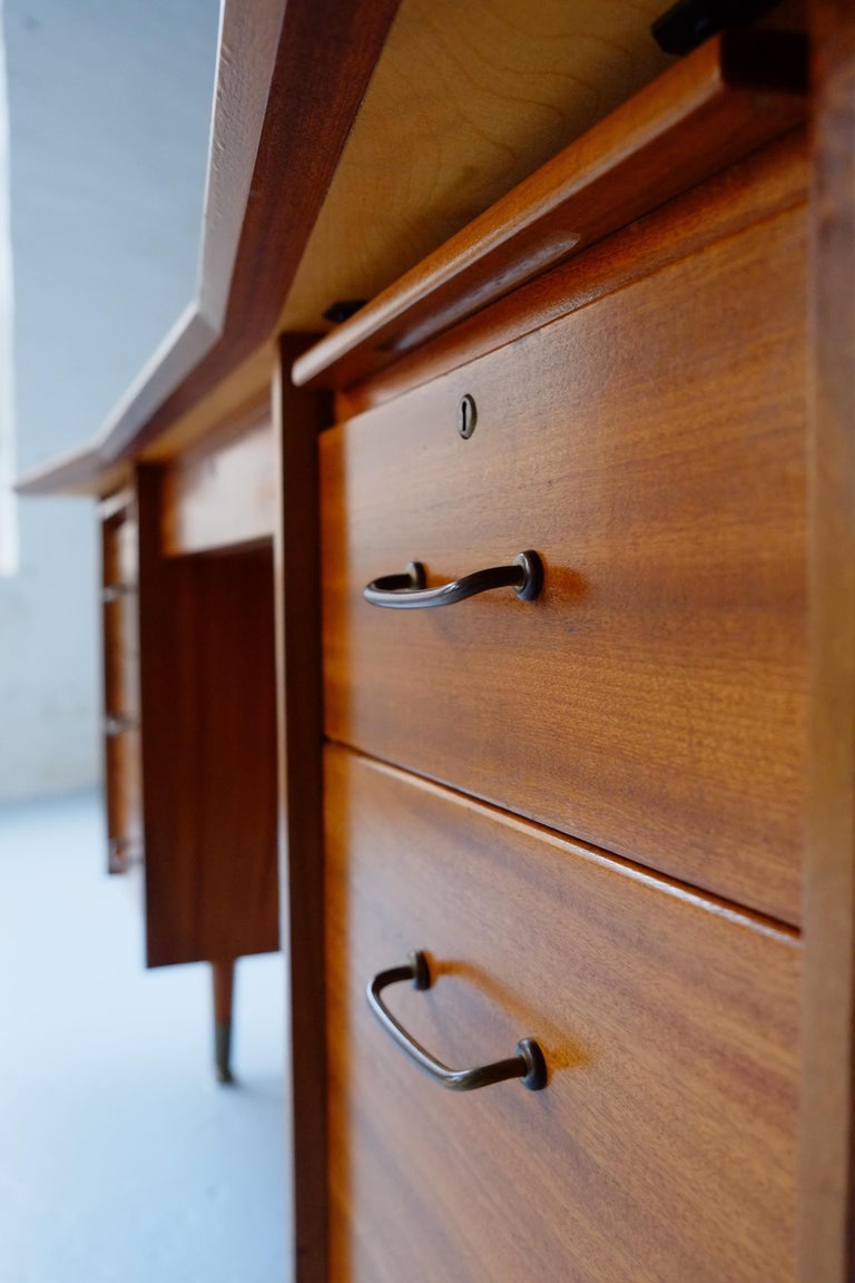 Large Mid Century Modern Desk with Curved Front and Brass Handles 50's ...