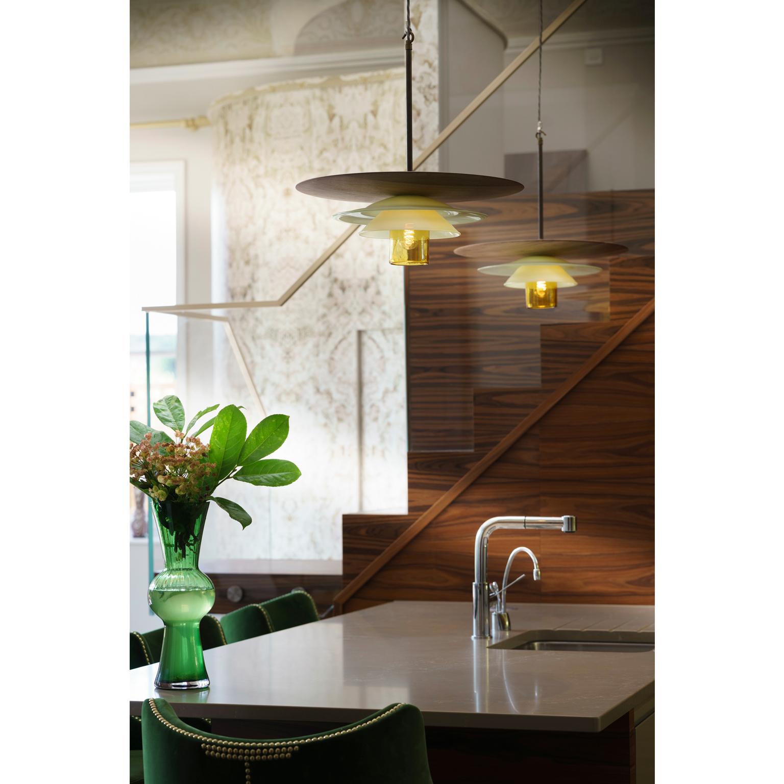 Large Mid-Century Modern Hand Blown Sculptural Glass and Walnut Pendant ...