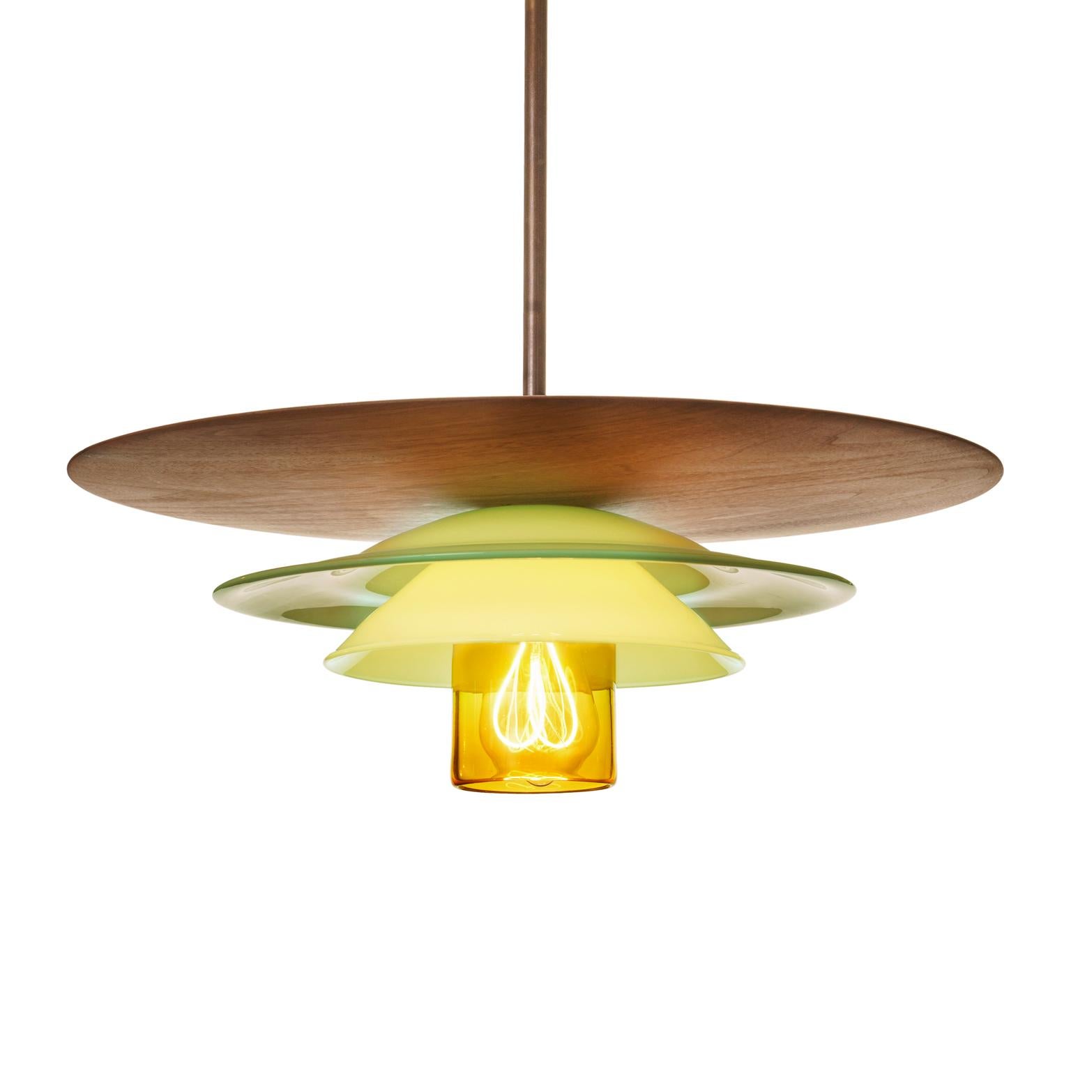 Large Mid-Century Modern Hand Blown Sculptural Glass and Walnut Pendant ...