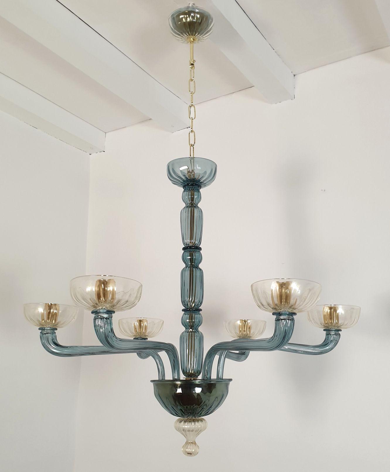 Large Mid-Century Modern Petrol Blue-Gold Murano Glass Chandelier ...