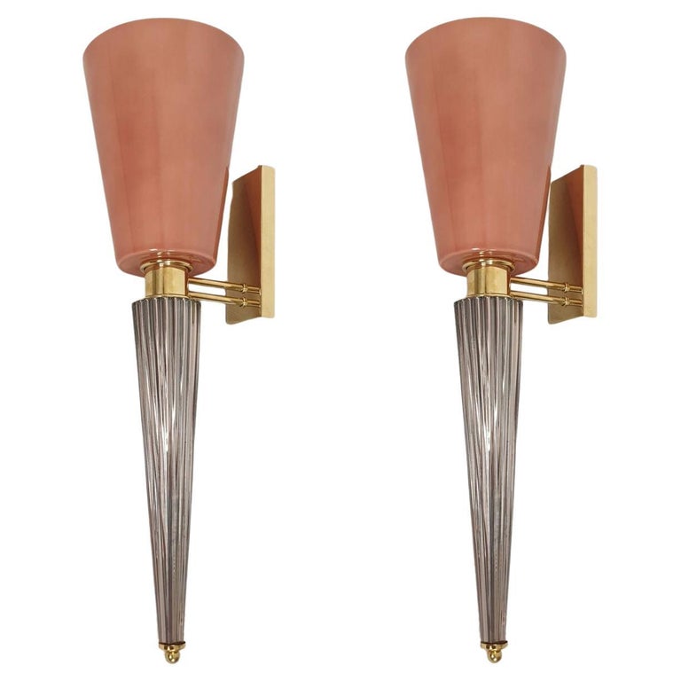 Large Mid-Century Modern Pink Murano Glass Sconces-Venini Style-A Pair ...