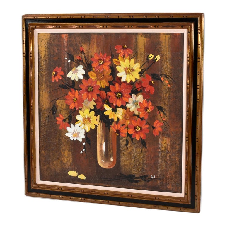Large Mid-Century Modern Red and Yellow Floral Still Life Painting ...