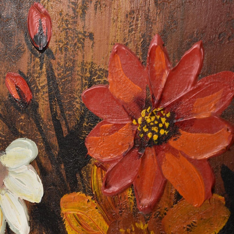 Large Mid-Century Modern Red and Yellow Floral Still Life Painting ...