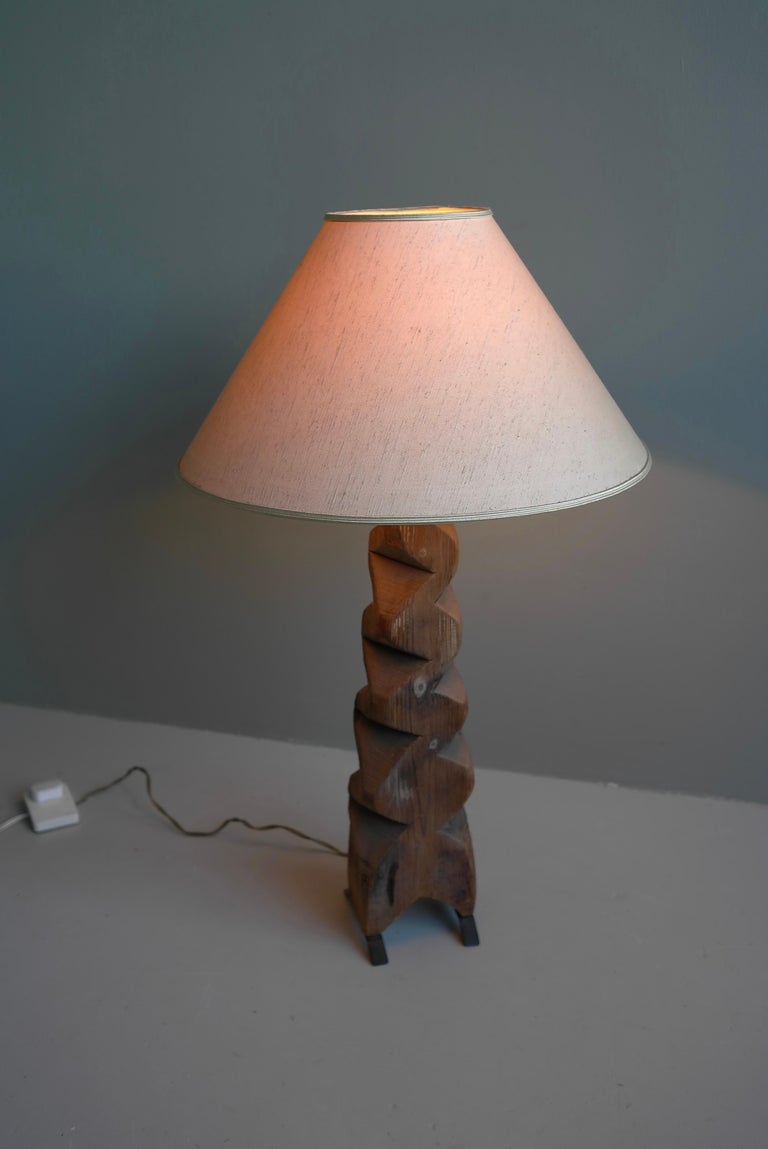 Large Mid-Century Modern Wooden Sculpture Table Lamp, off White Silk ...