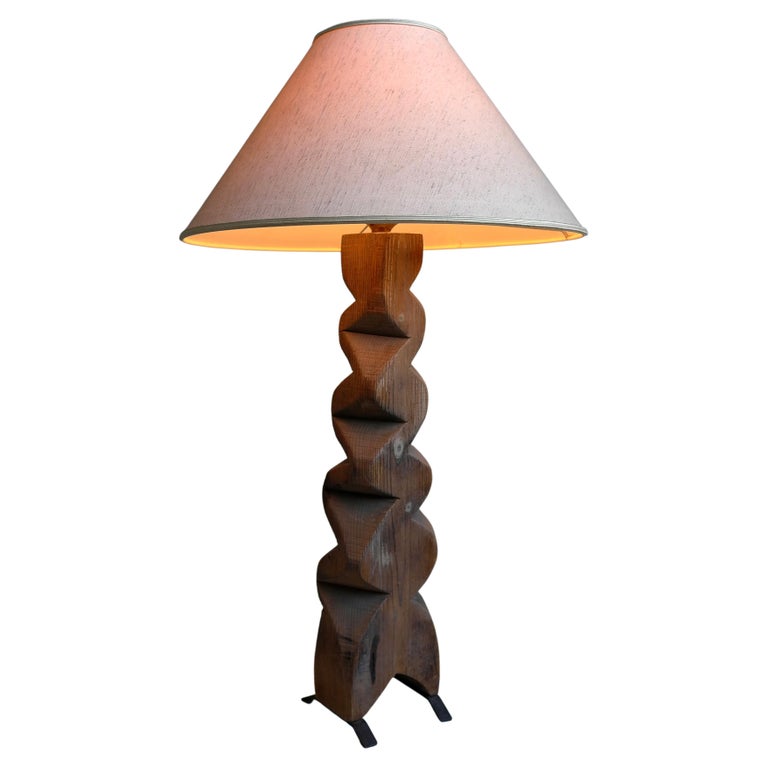 Large Mid-Century Modern Wooden Sculpture Table Lamp, off White Silk ...