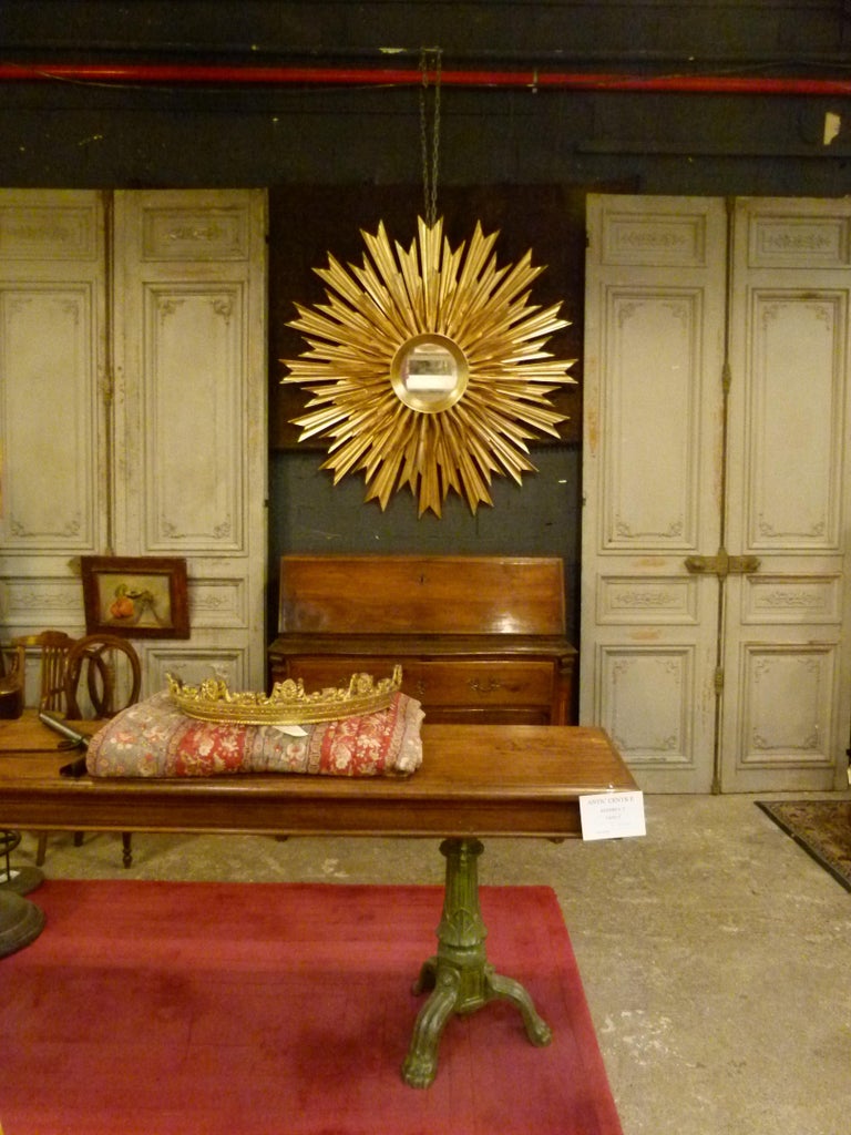 Large mid-century three layered gold-wood sunburst wall mirror. For ...