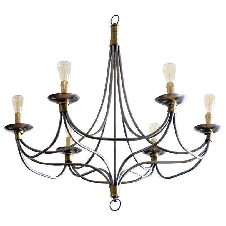 Large Midcentury Italian Brushed Chrome and Brass Six-Light Chandelier ...