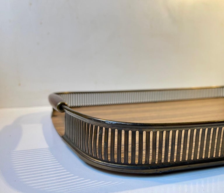 Large Midcentury Italian Serving Tray in Brass, Teak and Faux Wood For ...
