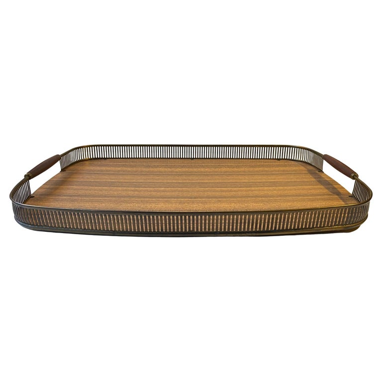 Large Midcentury Italian Serving Tray in Brass, Teak and Faux Wood For ...