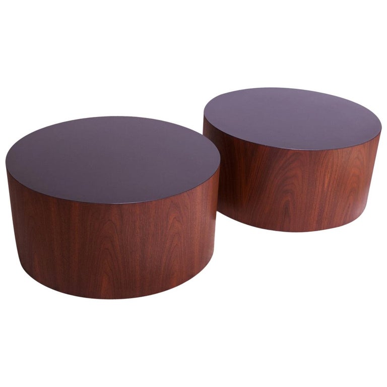 Large Midcentury Walnut Cylindrical Drum Tables with Black Tops on ...