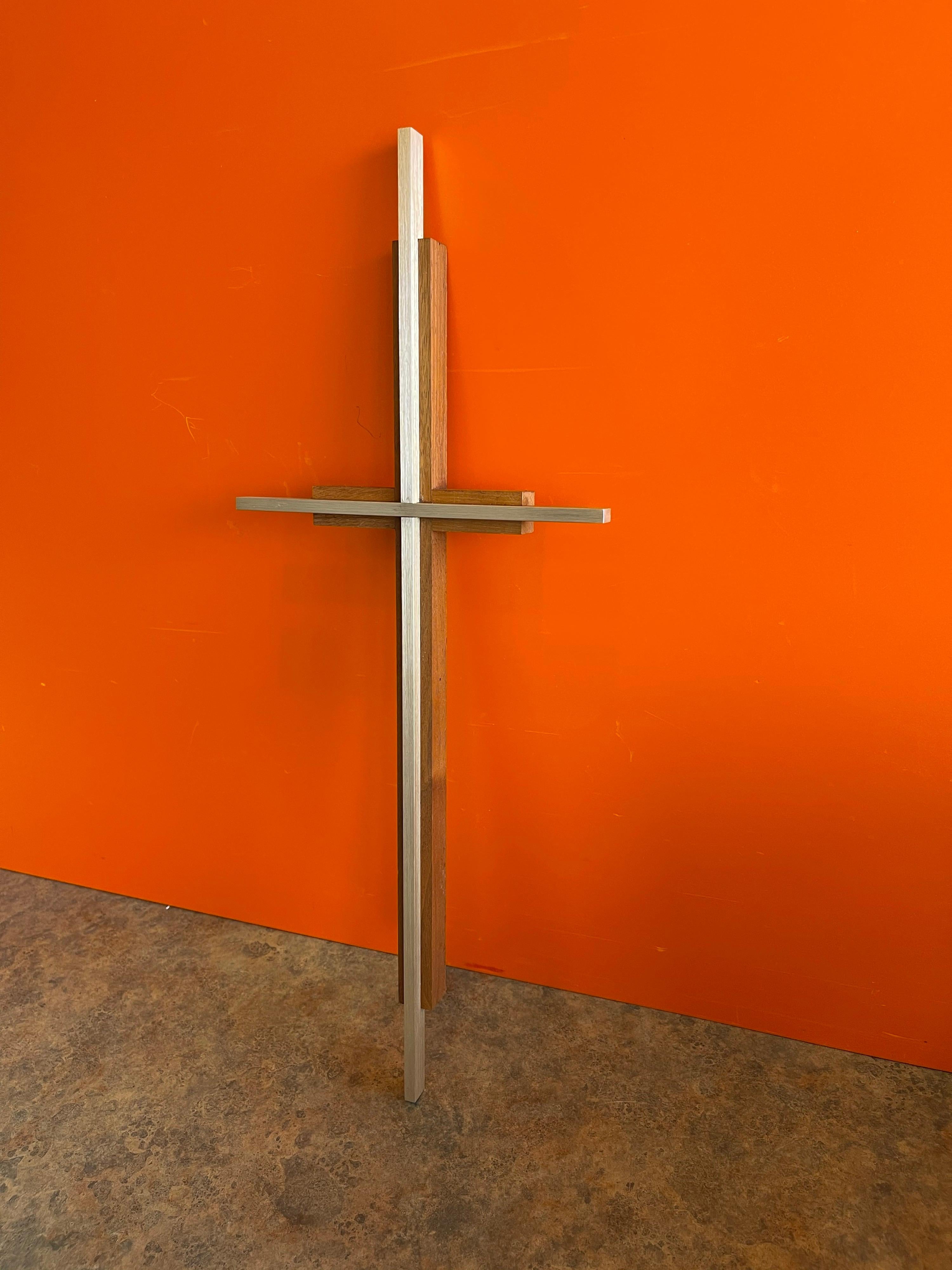 Large Minimalist Teak and Brushed Aluminum Crucifix / Cross at 1stDibs