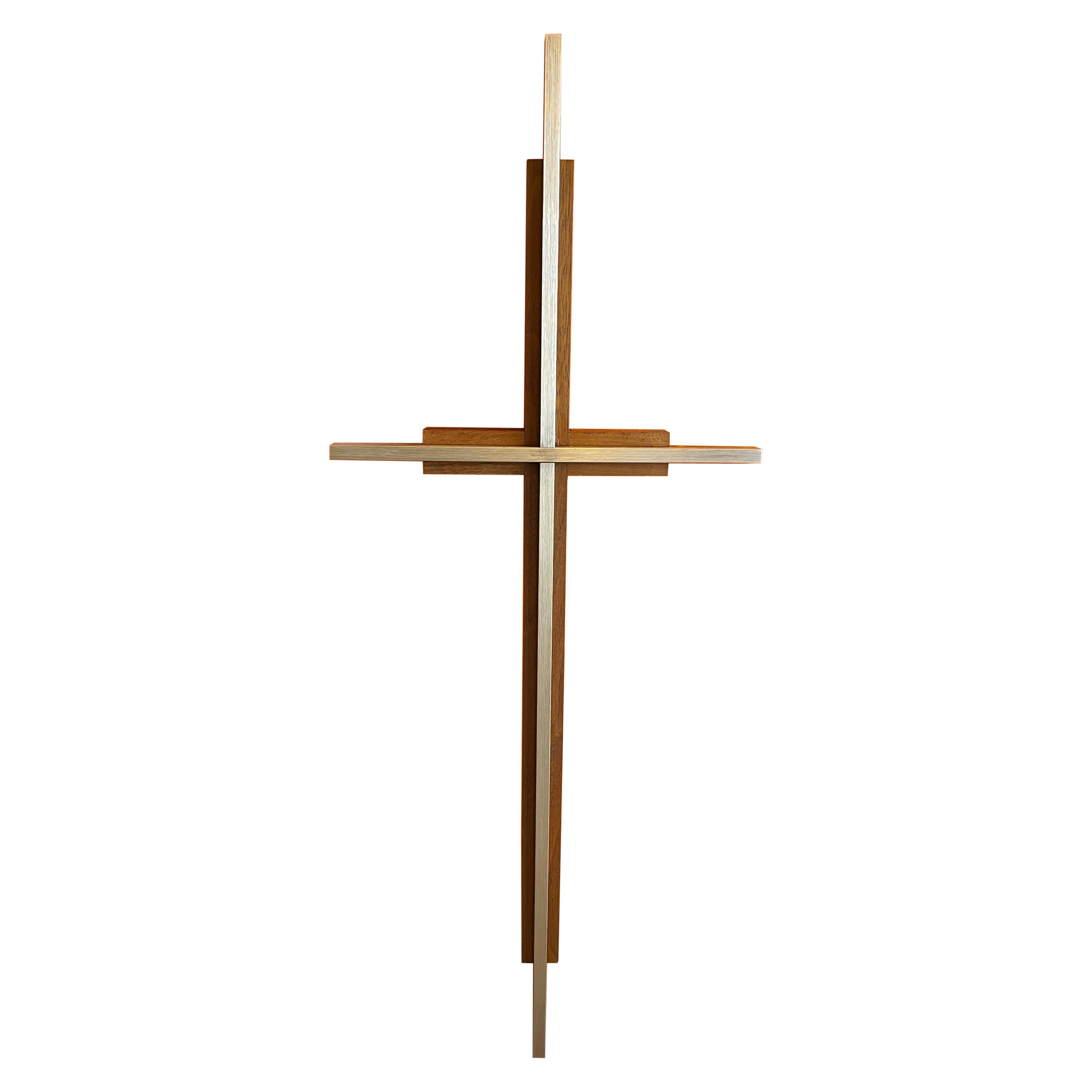 Large Minimalist Teak and Brushed Aluminum Crucifix / Cross at 1stDibs