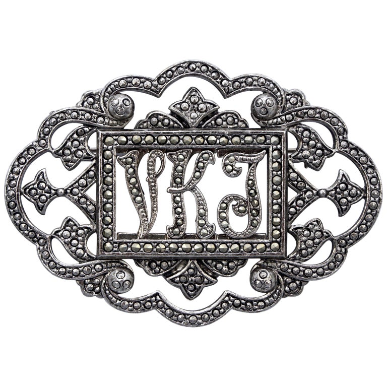 Large Miriam Haskell Oval Silver Tone Cut Steel and Marcasite Initial ...