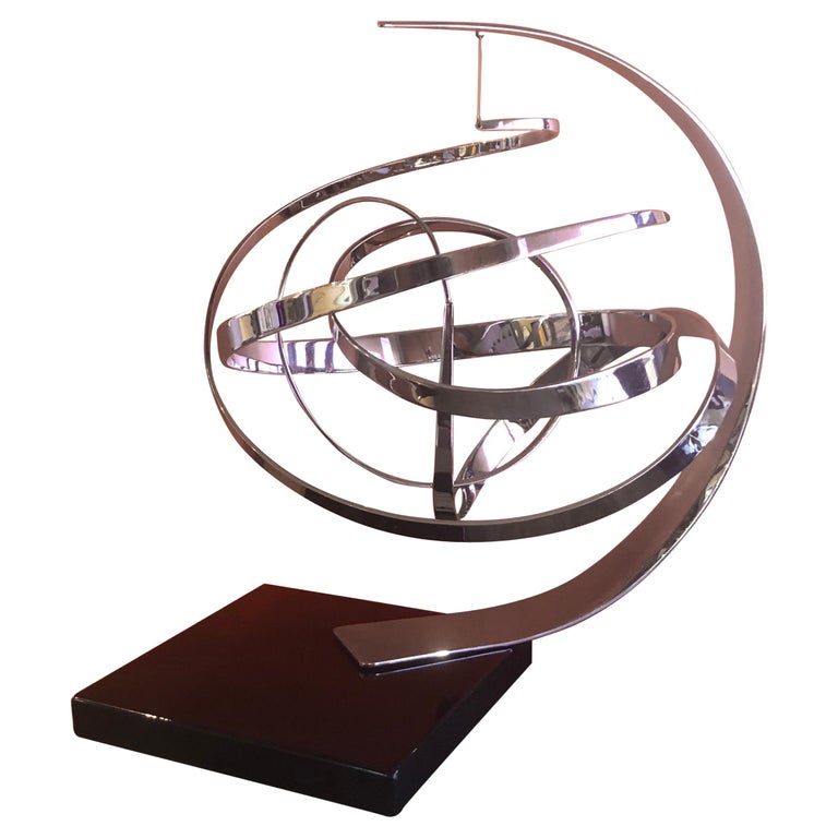 Large Modern Chrome on Black Marble Kinetic Sculpture by Michael Cutler ...