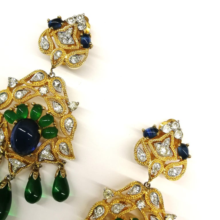 Large Moghul-style gilt metal and coloured paste drop earrings, Mazer ...