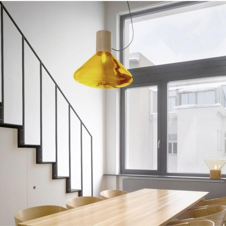Large 'Muffins 03B' Handblown Amber Glass and Walnut Wood Pendant for ...