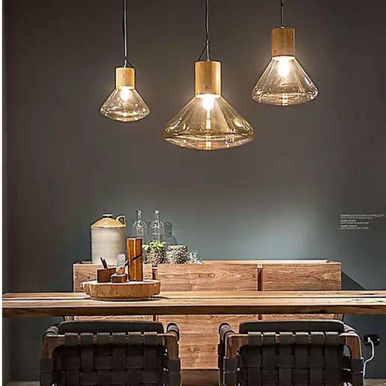 Large 'Muffins 03B' Handblown Amber Glass and Walnut Wood Pendant for ...