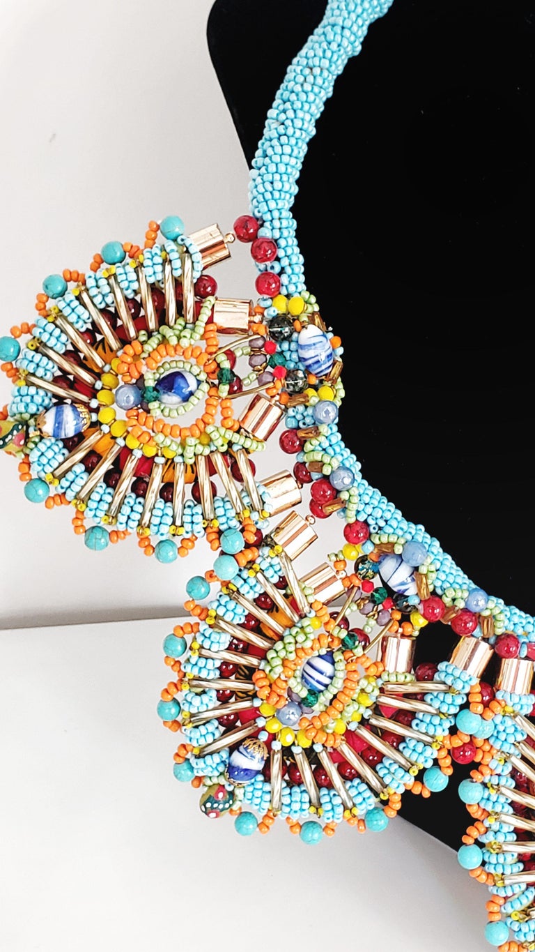 Large Multi-Beaded Embellished Turquoise Pendant Bib Collar Necklace ...