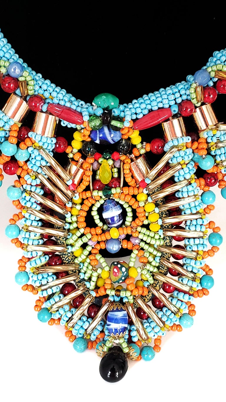 Large Multi-Beaded Embellished Turquoise Pendant Bib Collar Necklace ...