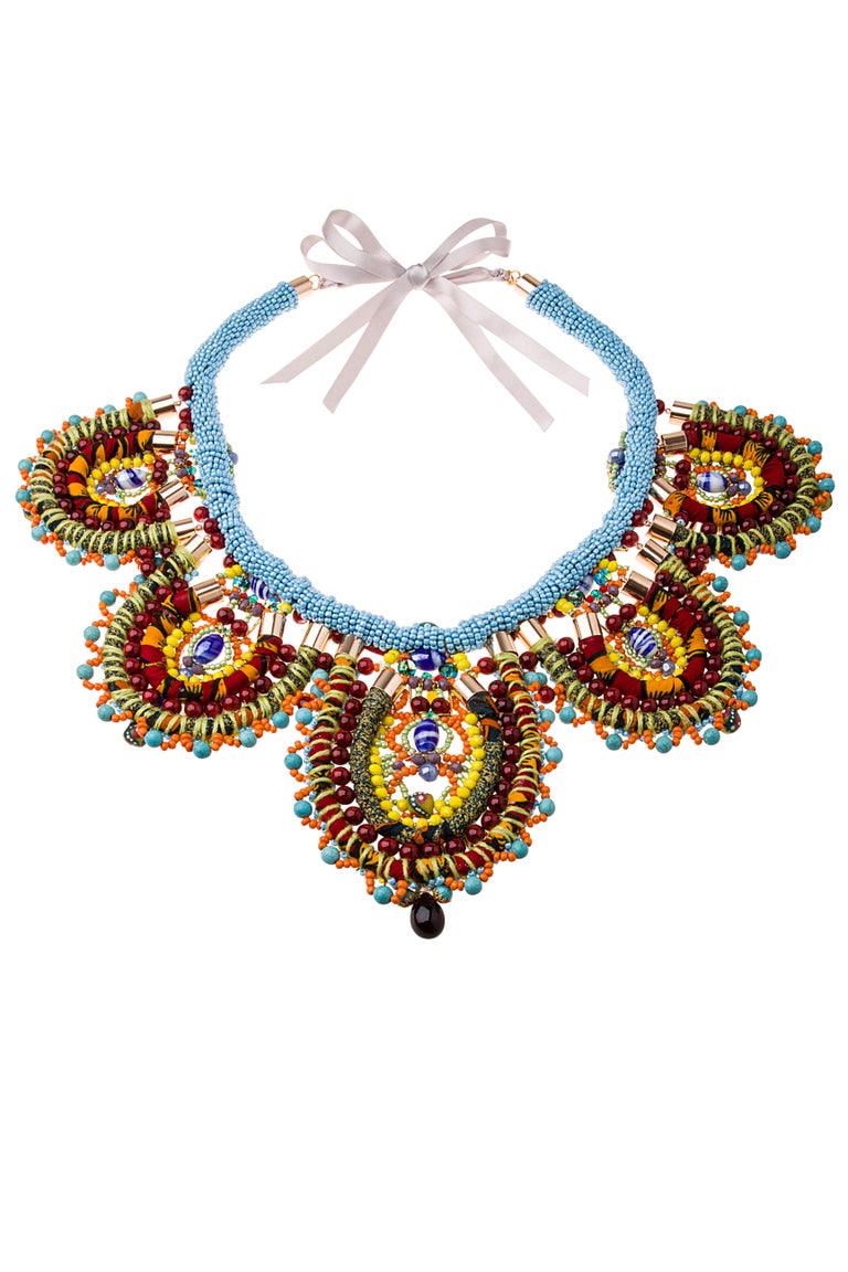 Large Multi-Beaded Embellished Turquoise Pendant Bib Collar Necklace ...