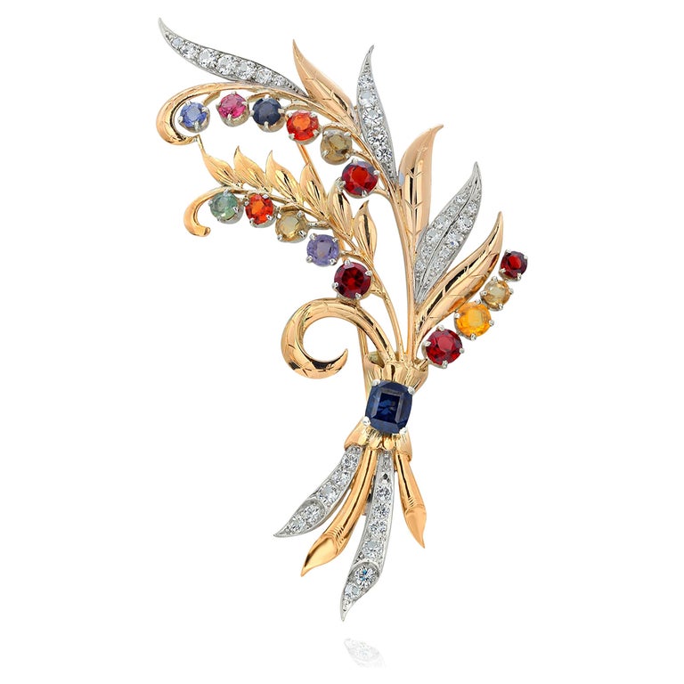 Large Multi Gemstone Floral Gold Spray Brooch at 1stDibs