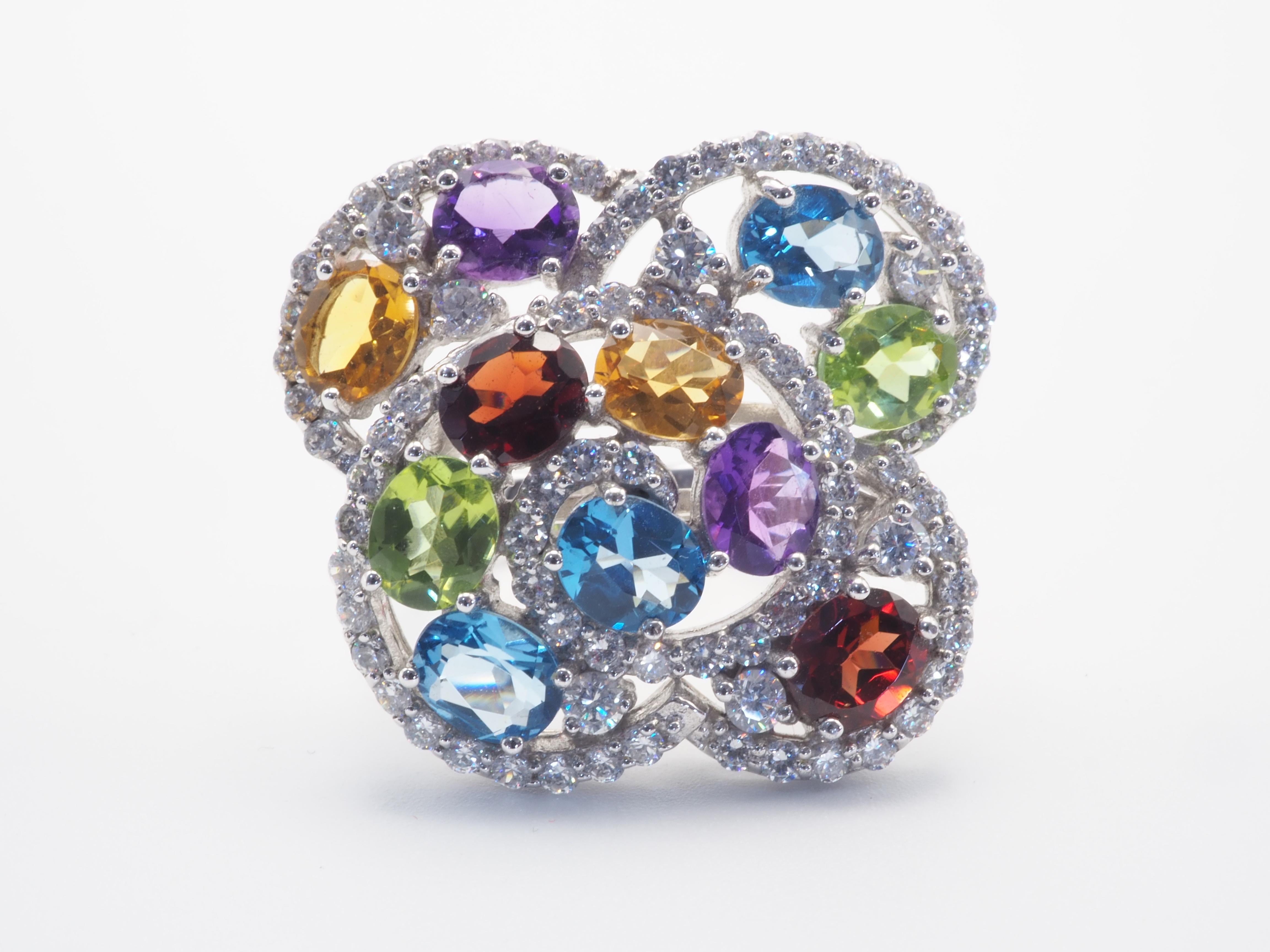 Large Multi-Stone 7.48ctw Flower Statement Cluster Sterling Silver Ring ...