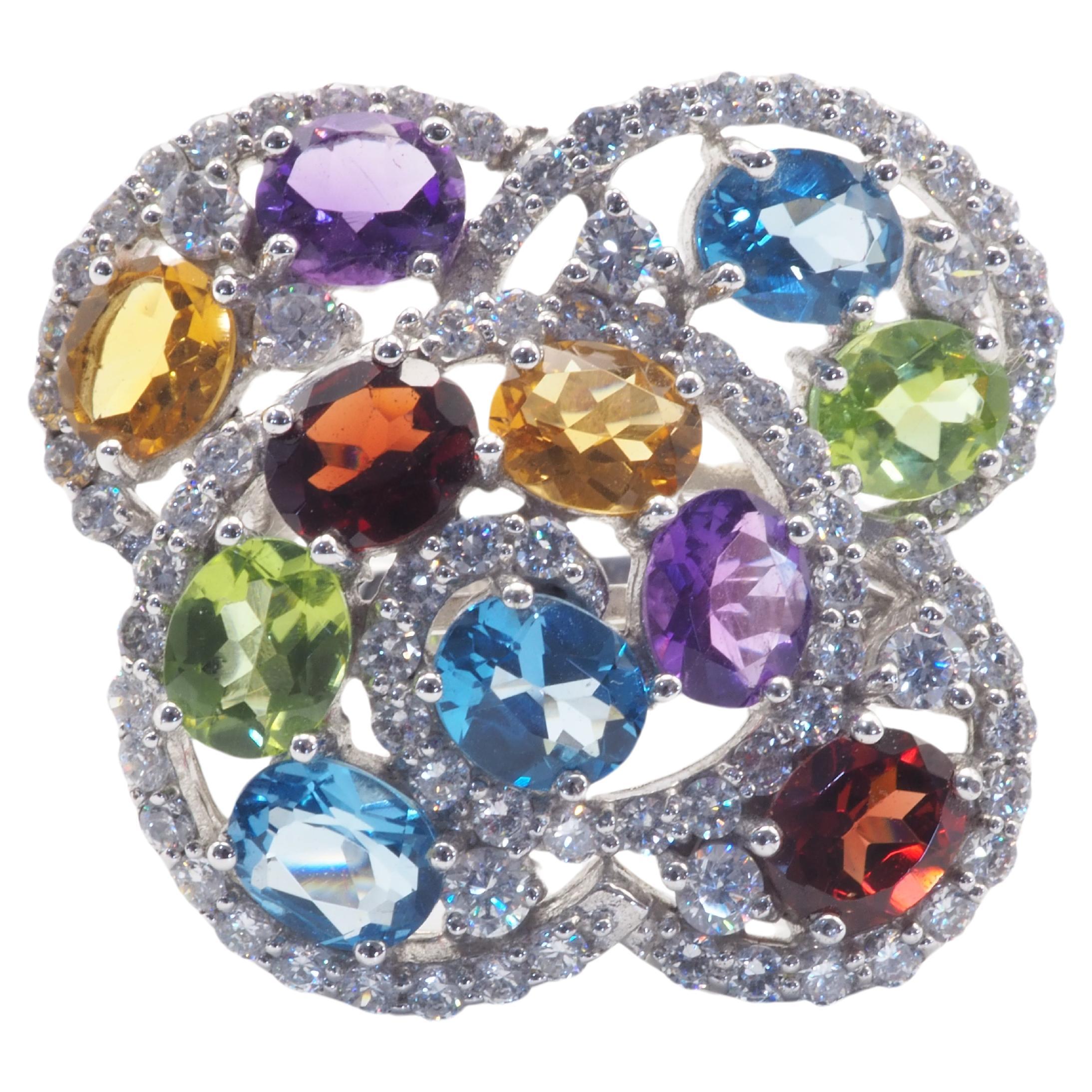 Large Multi-Stone 7.48ctw Flower Statement Cluster Sterling Silver Ring ...